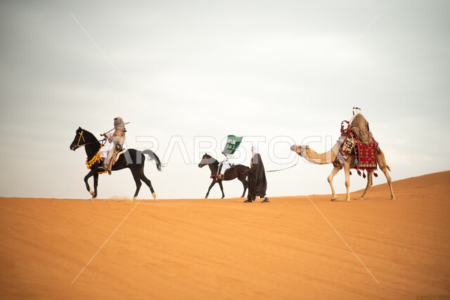 Saudi Gulf Arab knights riding horses in the Saudi desert, wearing ...