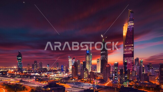 A sunset image of the towers and skyscrapers in Kuwait City, tourist ...