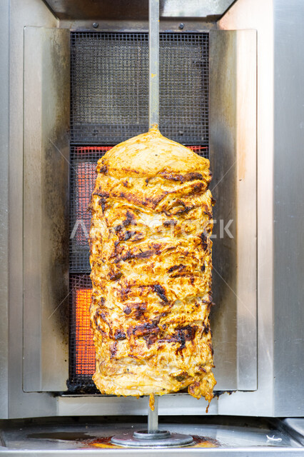 Close-up of chicken shawarma skewer, oriental Arabic restaurants ...