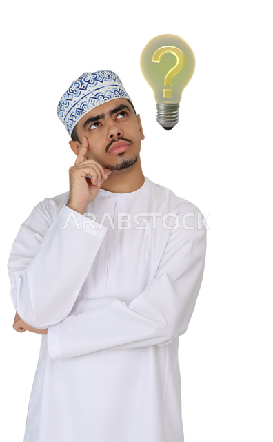 Portrait of an Omani Arab Gulf man with question mark gestures, future ...