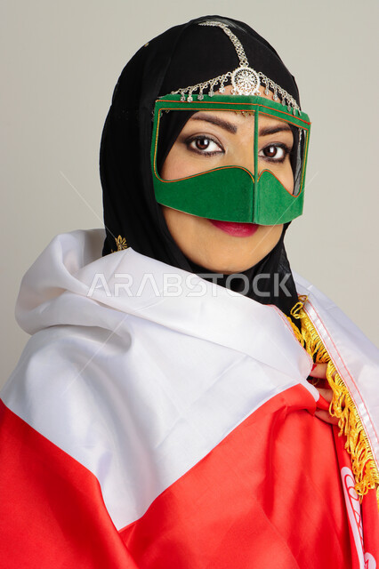 Portrait of an Omani Arab Gulf woman wearing the Omani heroism burqa ...