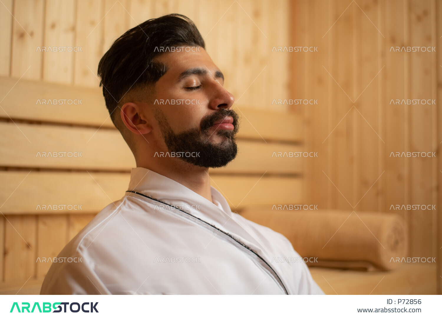 A Saudi Arabian Gulf man in a spa, relaxation in the sauna room, steam ...