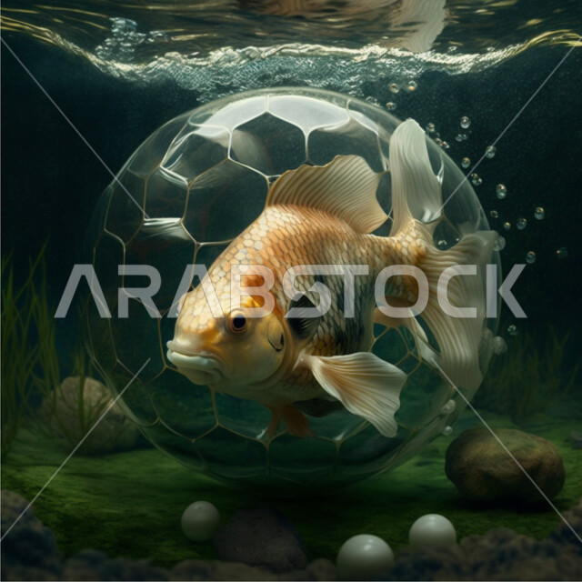 A golden fish inside a transparent bubble, marine fish, background fish ...