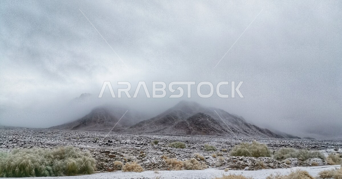 Winter season and snowfall in the Alaqan Mountains in the city of Tabuk ...