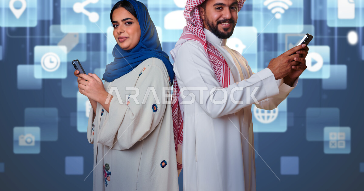Arab Saudi Gulf business partners using mobile phones, modern ...