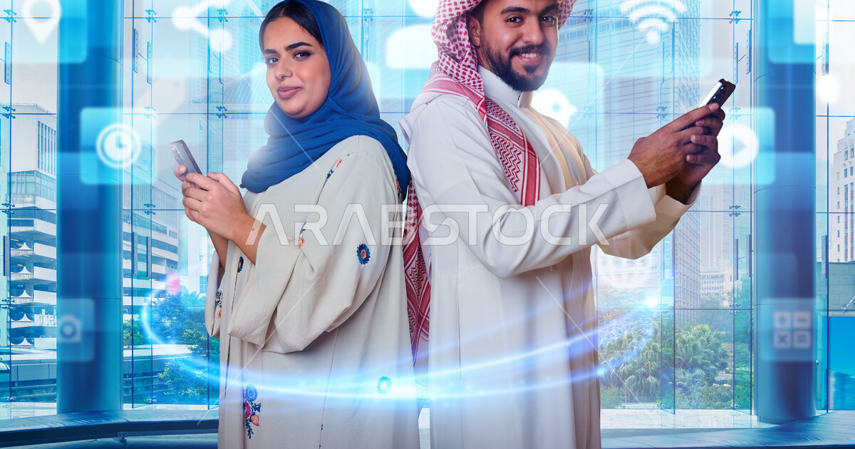 Arab Saudi Gulf business partners using mobile phones, modern ...