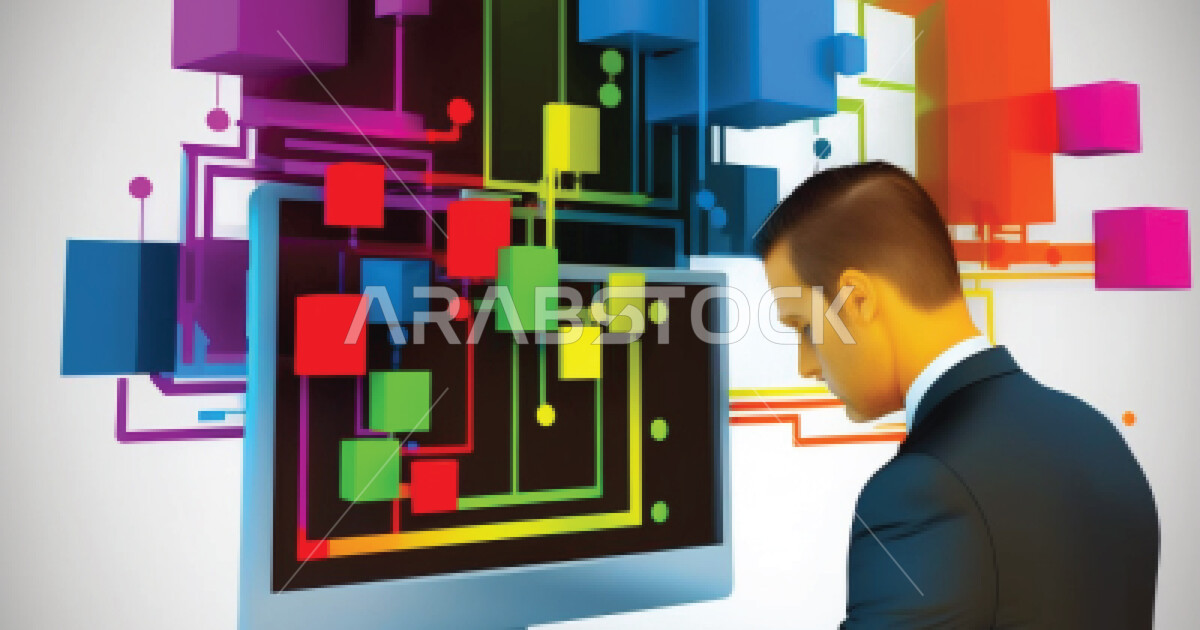 3D illustrations of a man in a suit working on a computer, data analysis, programming ...