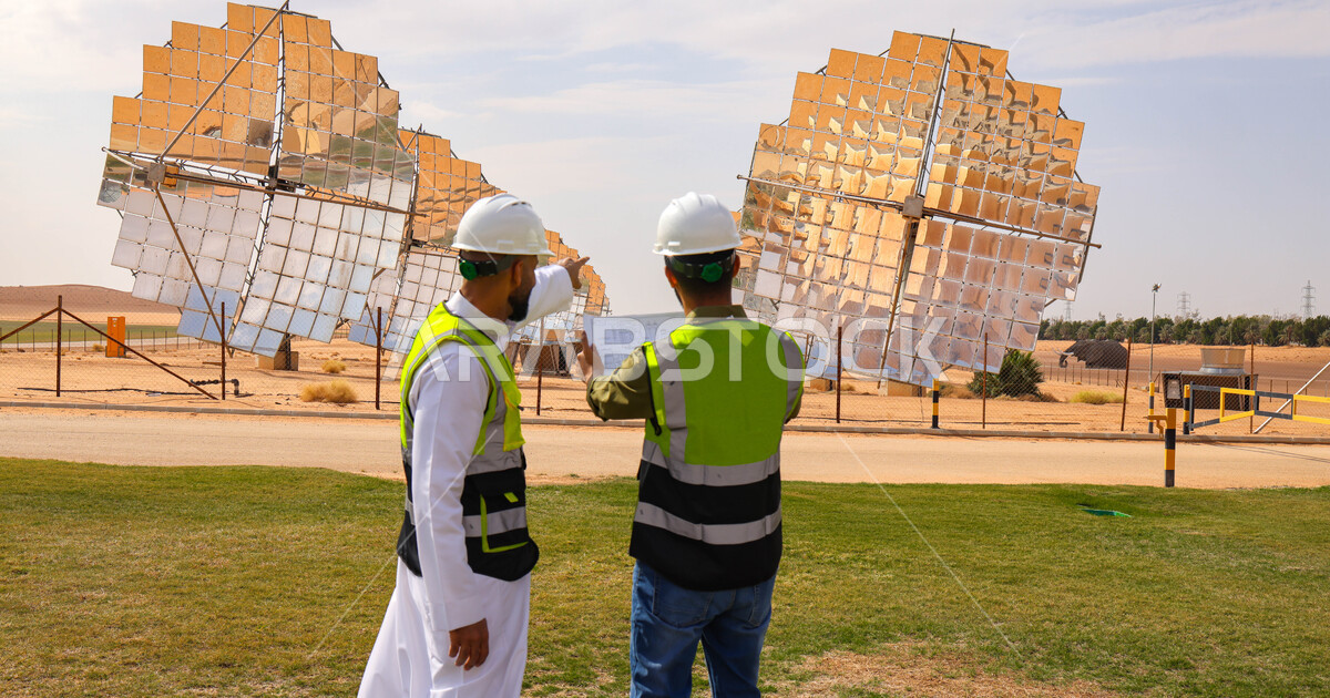 Two Saudi Arabian Gulf engineers supervising solar power plants ...