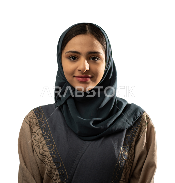 Portrait Of A Veiled Saudi Arab Gulf Woman Smiling Face Gestures Gray