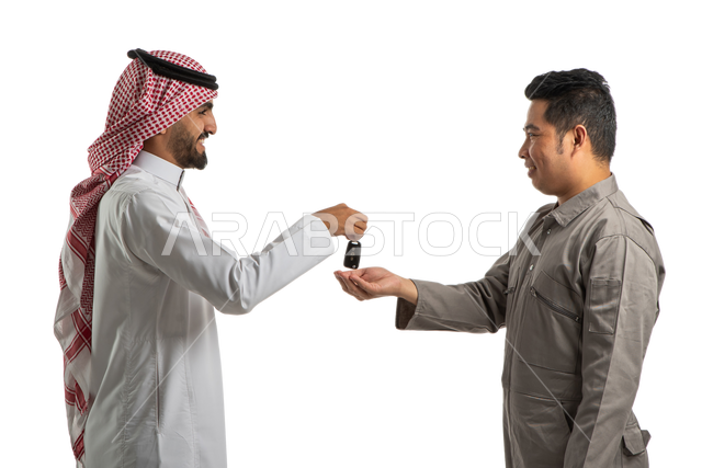 A Saudi Gulf customer wearing the traditional Saudi dress, a portrait ...