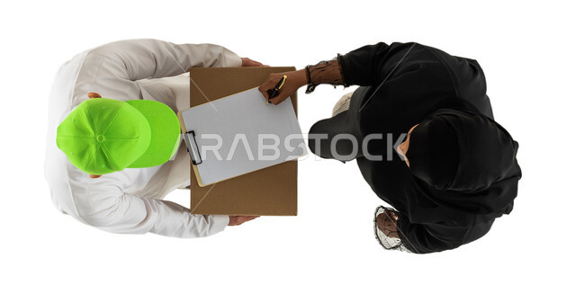 A delivery representative delivers orders to customers, a woman signs ...