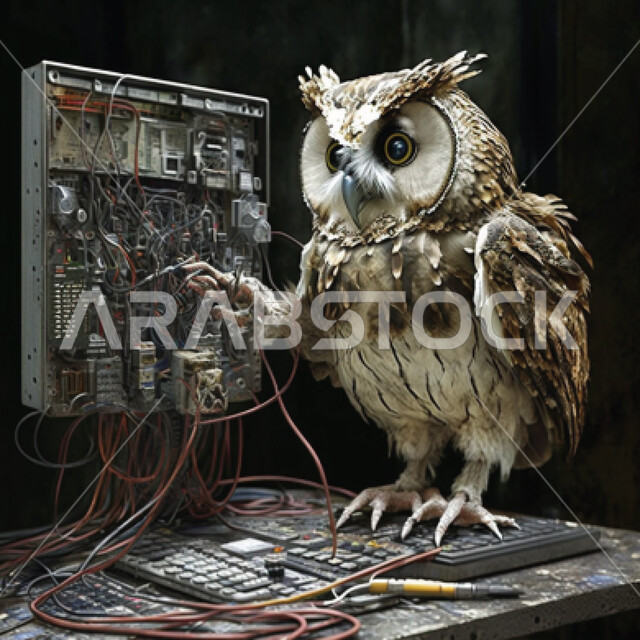 owl standing over a computer keyboard, artificial intelligence, 3D ...