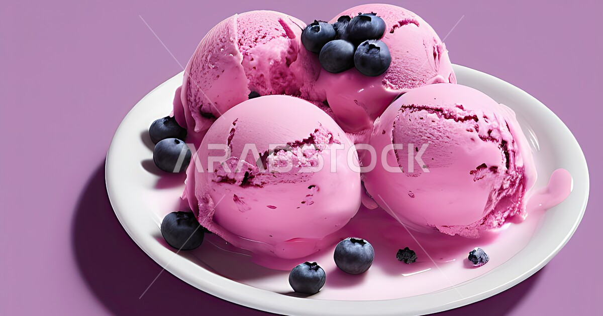 طبق ايس كريم المزين بحبات التوت الاسود، ايس كريم بنكهة التوت، طبق ...