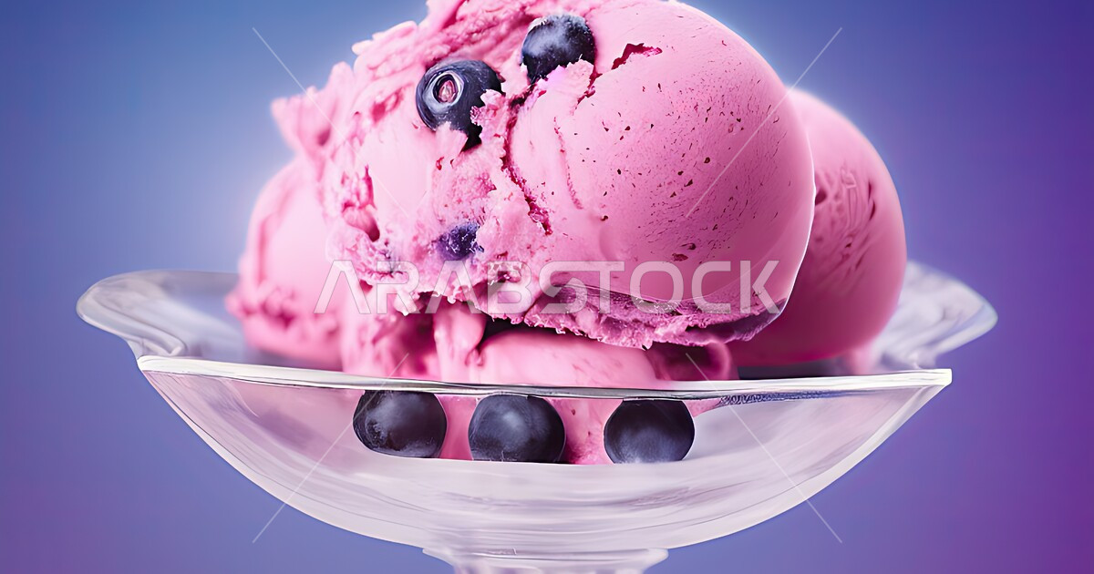 طبق ايس كريم المزين بحبات التوت الاسود، ايس كريم بنكهة التوت، طبق ...