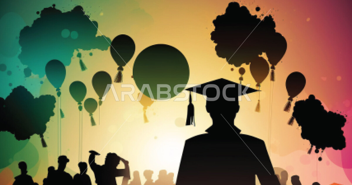 Silhouette of an Arab student wearing abaya and graduation cap, group ...