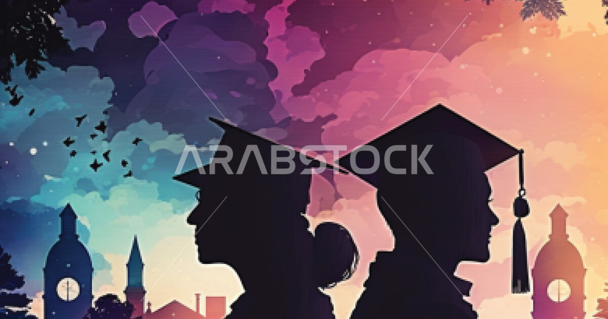 Silhouette of an Arab student wearing abaya and graduation cap ...
