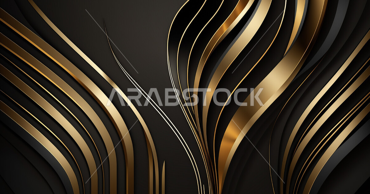 3D metallic background, golden luminous lines, black background ...