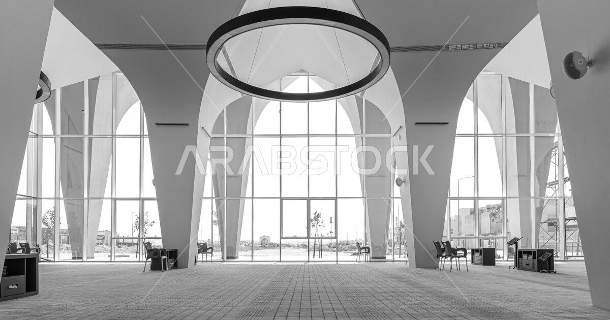 A black and white picture from inside Al-Faris Mosque in Riyadh, Saudi ...