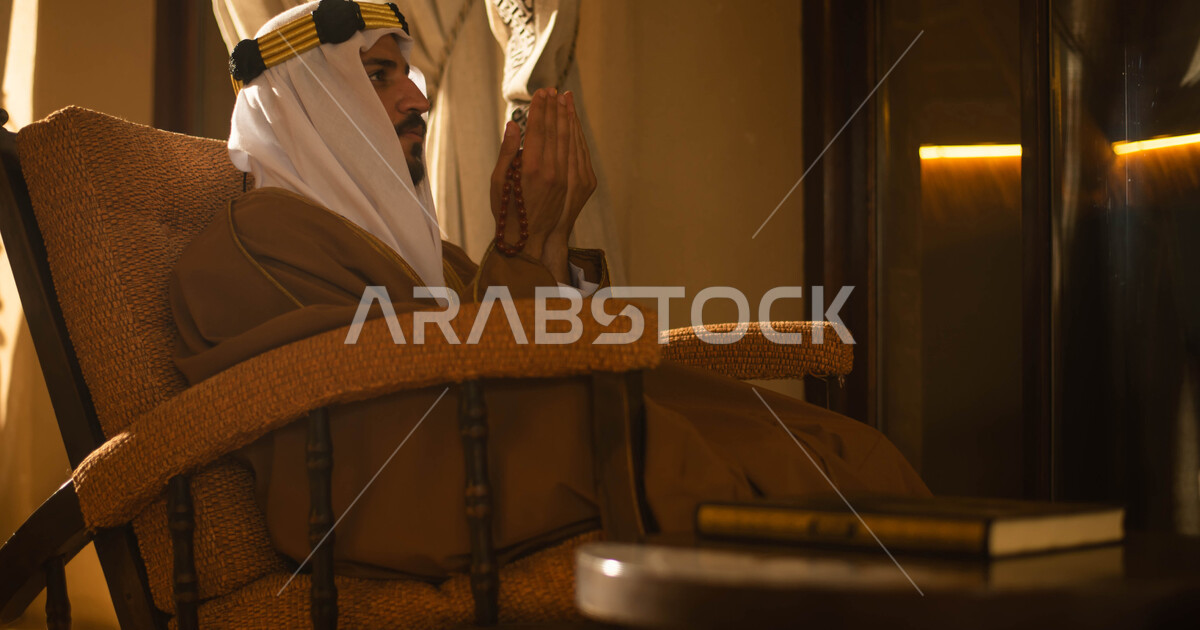 A Saudi Arabian Gulf man wears a Saudi traditional costume for national ...