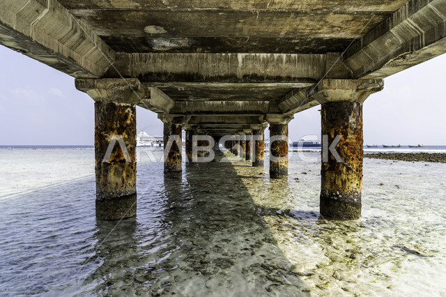 Seashore from under a bridge, seashore, coastal places, concrete bridge ...