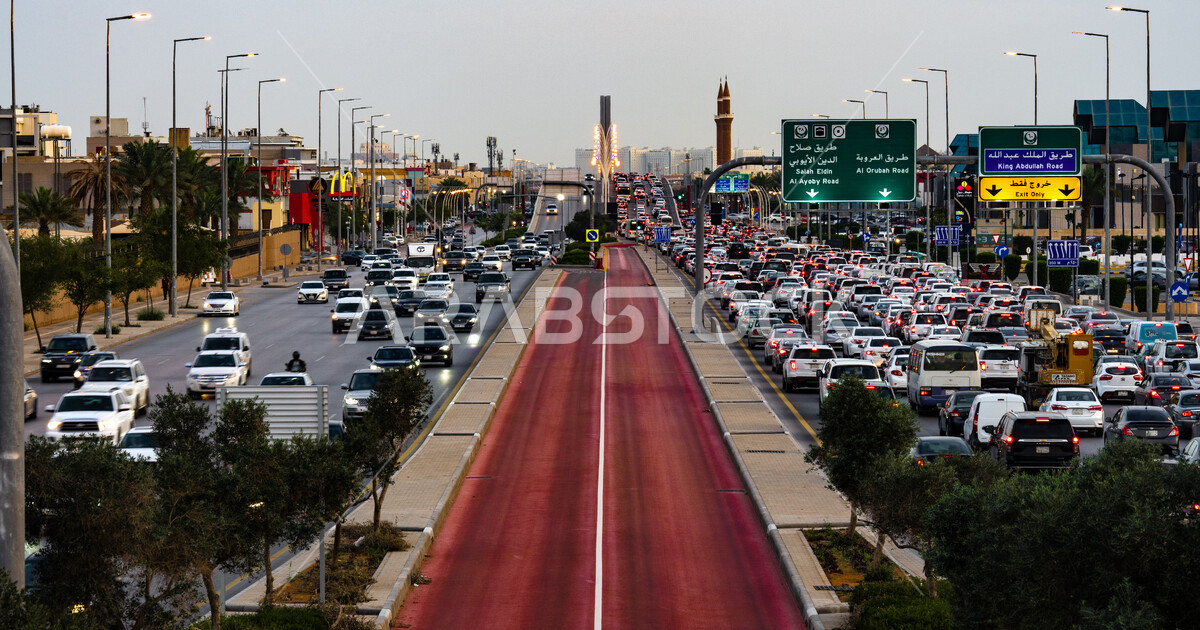 .Buses street in the city of Riyadh during the day, the roads and ...