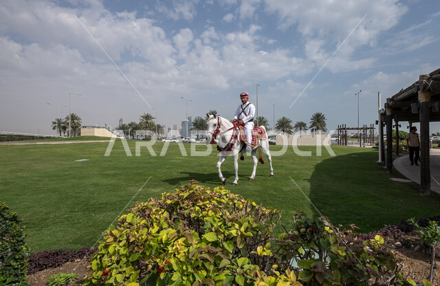 Souq Waqif Garden in Doha, State of Qatar, a man riding an authentic Arabian horse, traditional ...