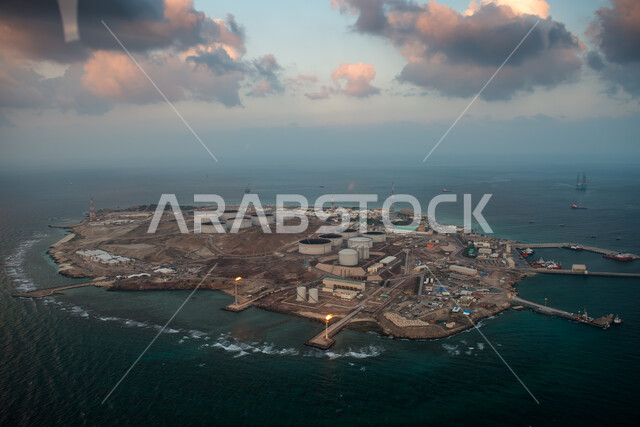 Overhead view of Halul Island in the State of Qatar, cloudy sky, oil ...