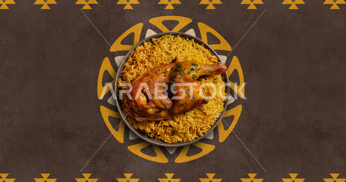 A dish of Kabsa rice with chicken, traditional Gulf Arab meals, popular ...