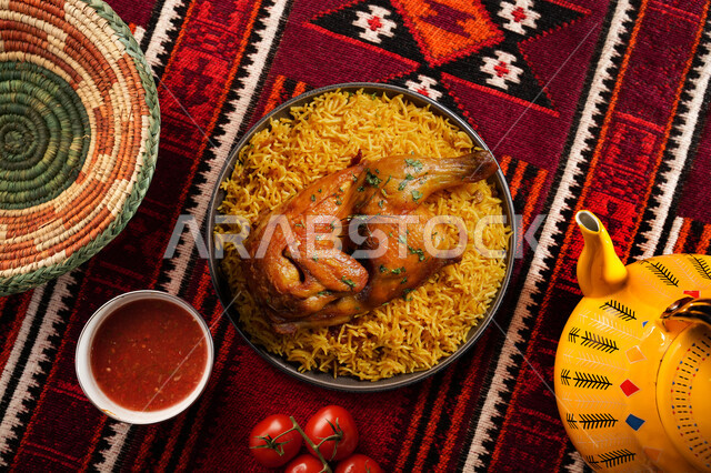 A dish of Kabsa rice with chicken, traditional Arab Gulf meals, popular ...