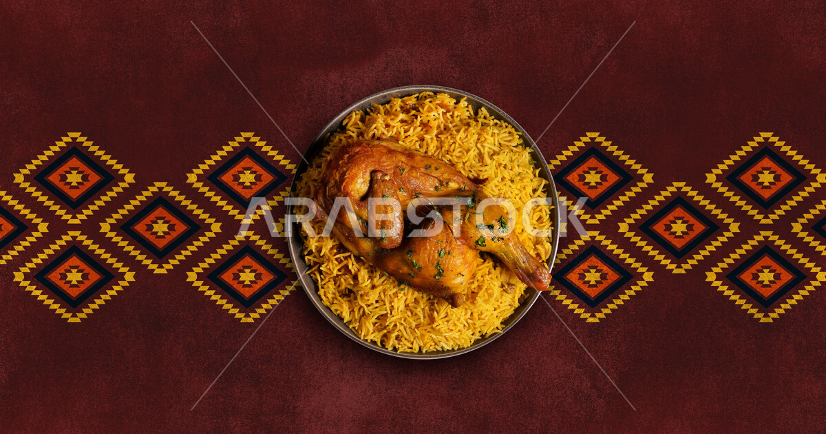 A dish of Kabsa rice with chicken , traditional Arab Gulf meals ...