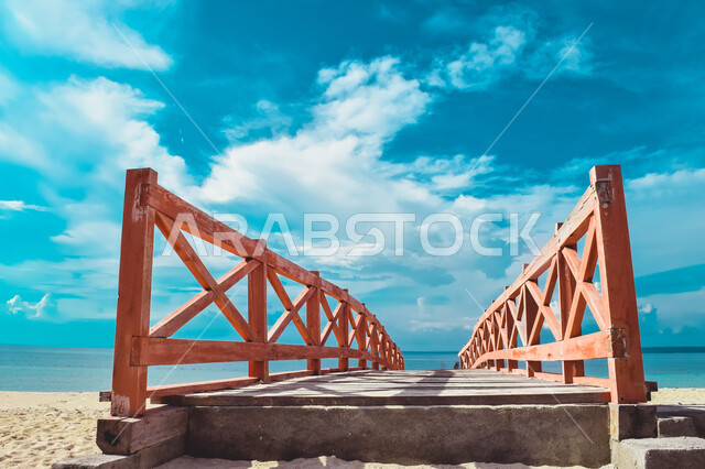 Close-up of a wooden bridge over the sea, seas and beaches, landscapes ...