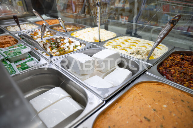 Close-up assortment of fresh appetizers in store, light and healthy ...