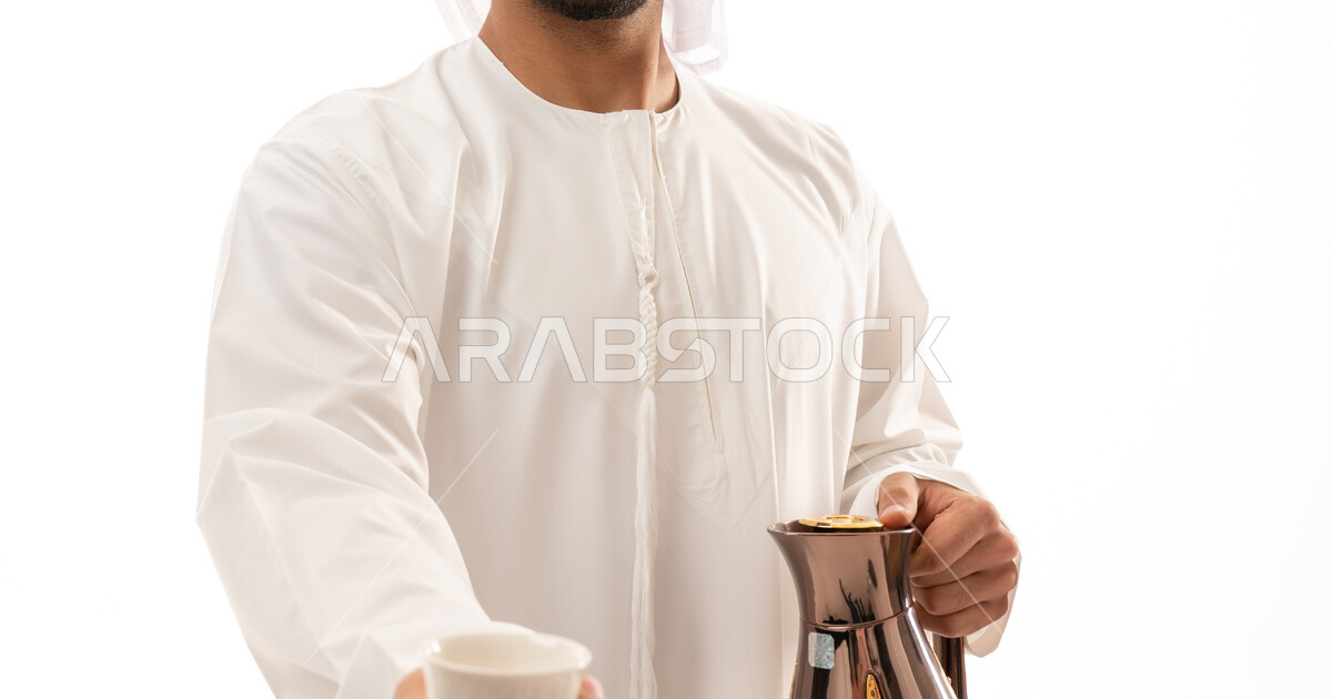 Portrait of an Arab Emirati Gulf man wearing traditional Emirati dress ...