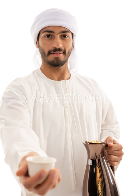 Portrait of an Arab Emirati Gulf man wearing traditional Emirati dress ...