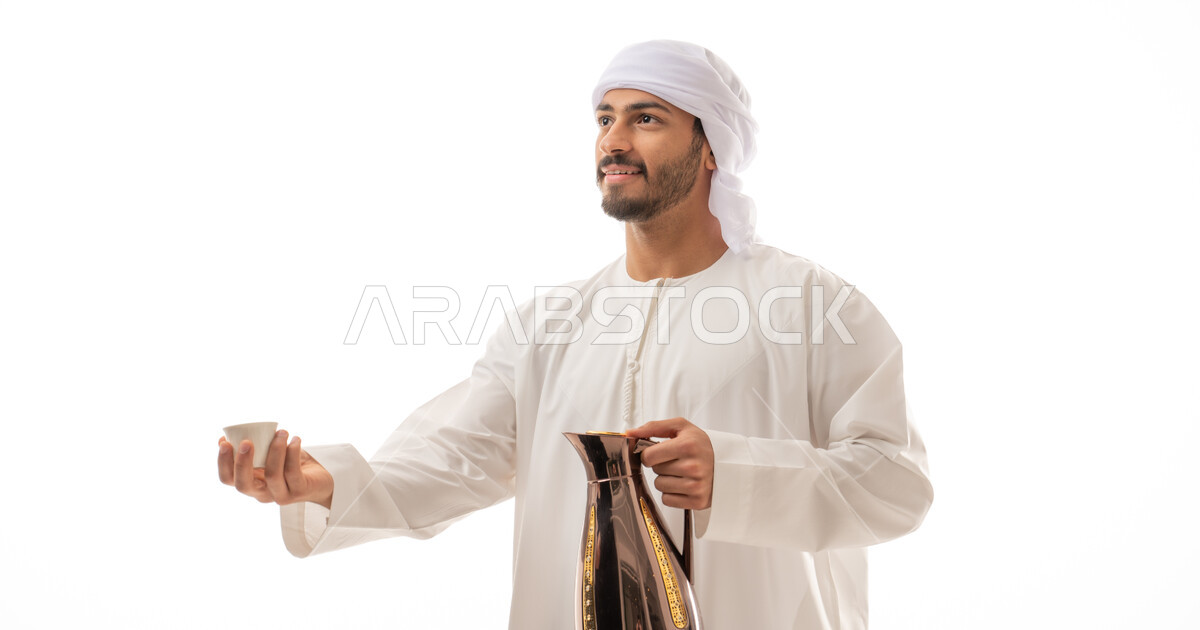 Portrait of an Arab Emirati Gulf man wearing traditional Emirati dress ...