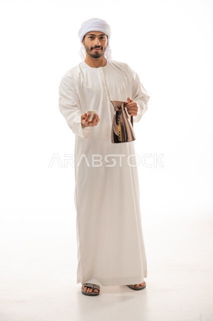 Portrait of an Arab Emirati Gulf man wearing traditional Emirati dress ...