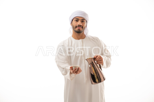 Portrait of an Arab Emirati Gulf man wearing traditional Emirati dress ...