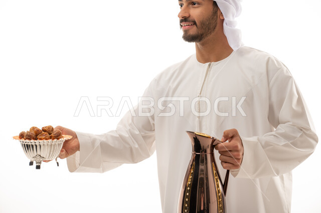 Portrait of an Arab Emirati Gulf man wearing traditional Emirati dress ...