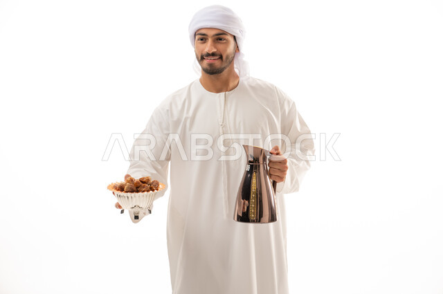 Portrait of an Arab Emirati Gulf man wearing traditional Emirati dress ...