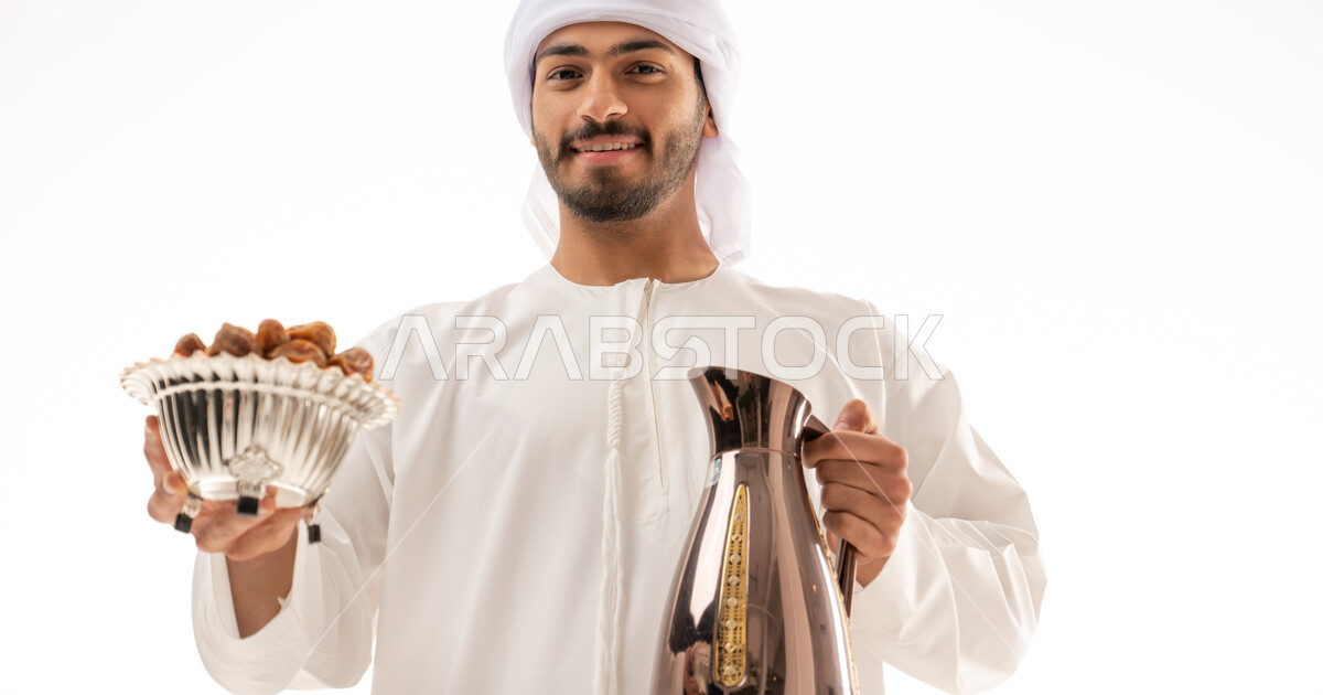 Portrait of an Arab Emirati Gulf man wearing traditional Emirati dress ...