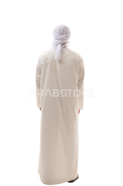 Portrait from the back of an Arab Emirati man wearing traditional ...
