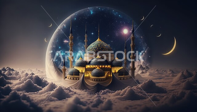 3D Islamic background, Islamic designs, white clouds and clouds, an ...
