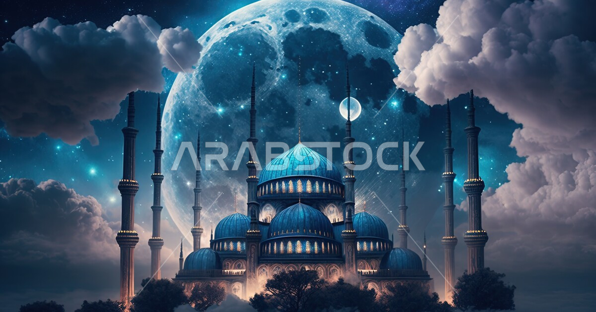 3D Islamic background, moonlight, sky full of shining stars, Islamic ...