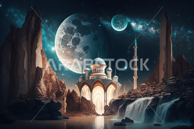 3D design of a mosque in the midst of nature at night, the starry sky ...