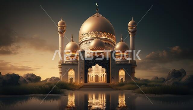 3D design of a mosque in the middle of nature, trees and plants, sea ...