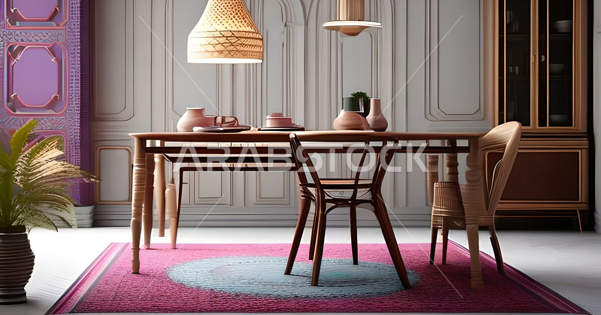 غرفة معيشة بتصاميم عصرية حديثة، ديكورات داخلية، طاولة السفرة، كراسي ...