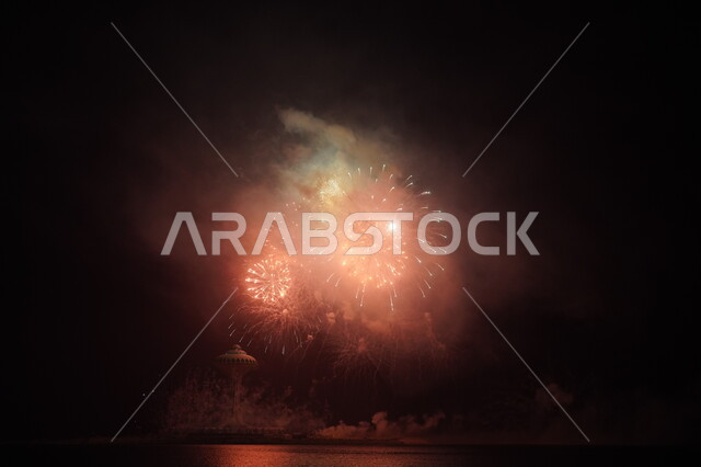 Fireworks in Khobar Corniche Tower, Water Tower in Khobar Illuminated ...