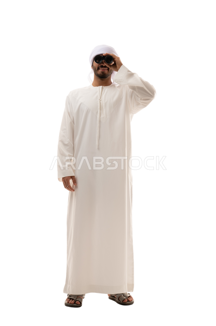 Portrait of an Arab Emirati Gulf man in traditional attire holding ...