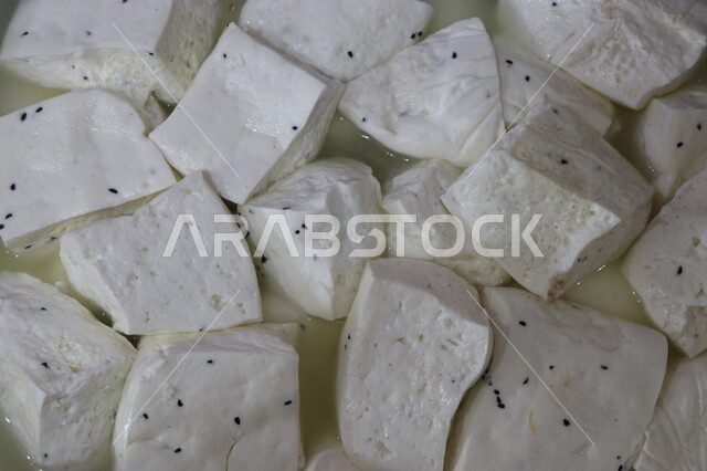 Close-up of pieces of white cheese, baladi cheese, salty cheese, dairy ...
