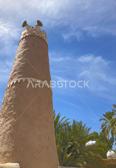 A close-up of the minaret of a mosque in Buraydah in Al-Qassim, Kingdom ...